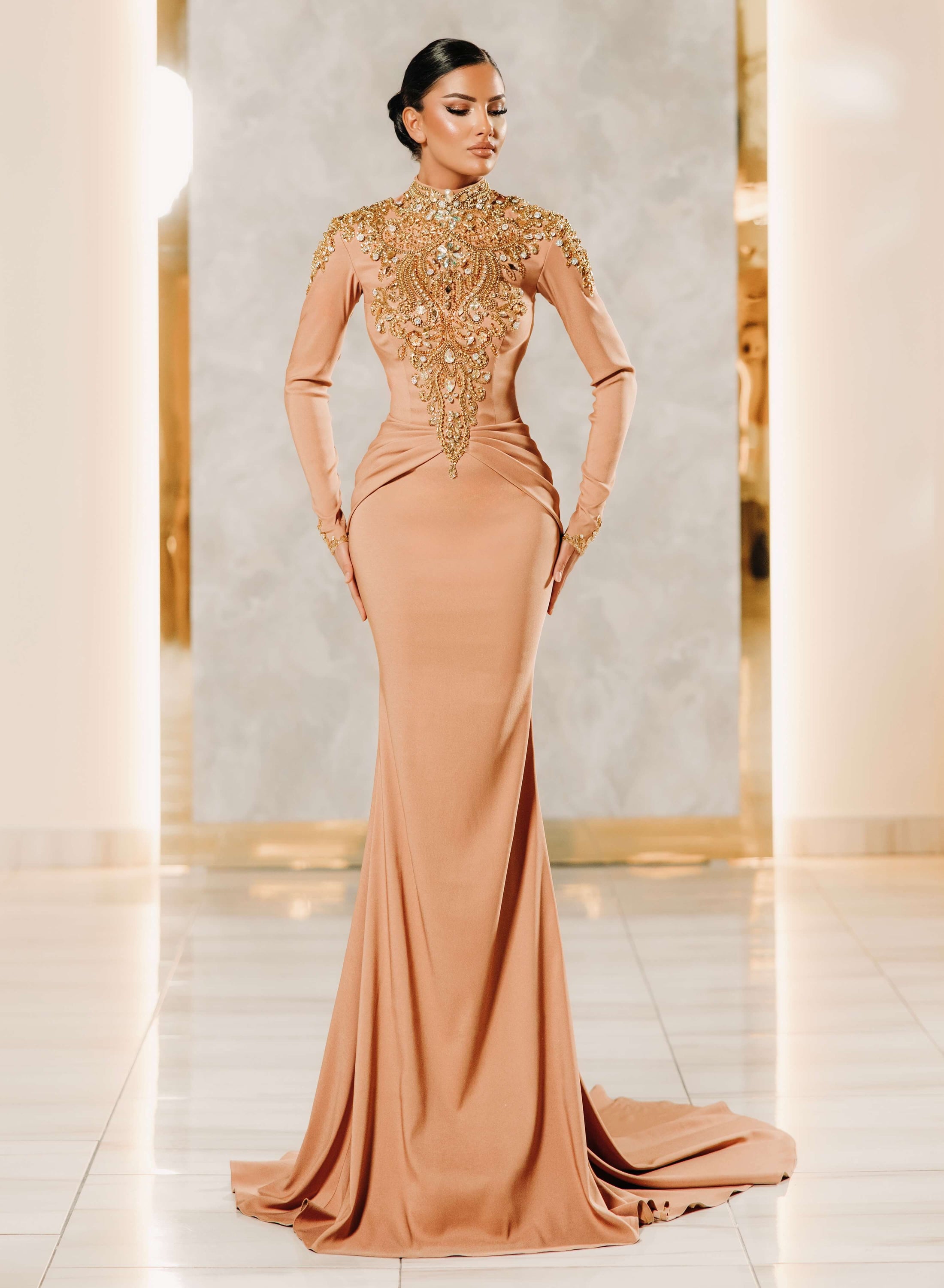 NUDE GOLD EMBELLISHED COUTURE DRESS